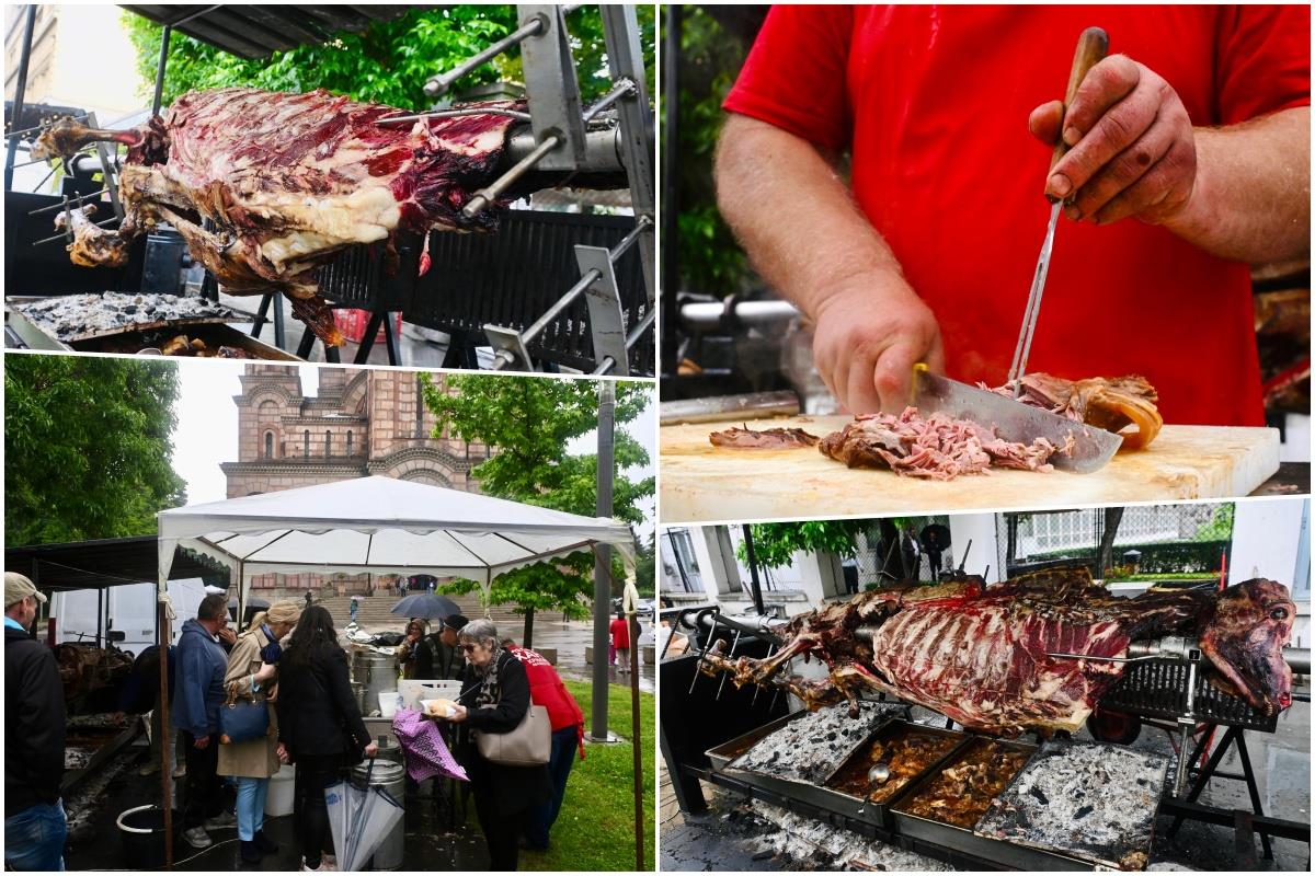 Ispred Crkve Svetog Marka na ražnju ispečen vo od 610 kila za Markovdan ...